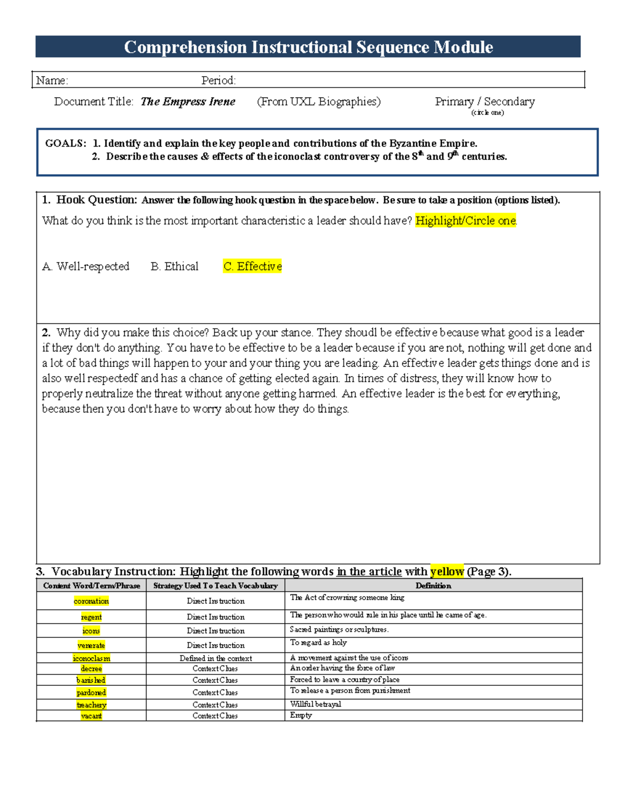 CIS-Byzantine-Irene-Digital Lesson - Comprehension Instructional ...