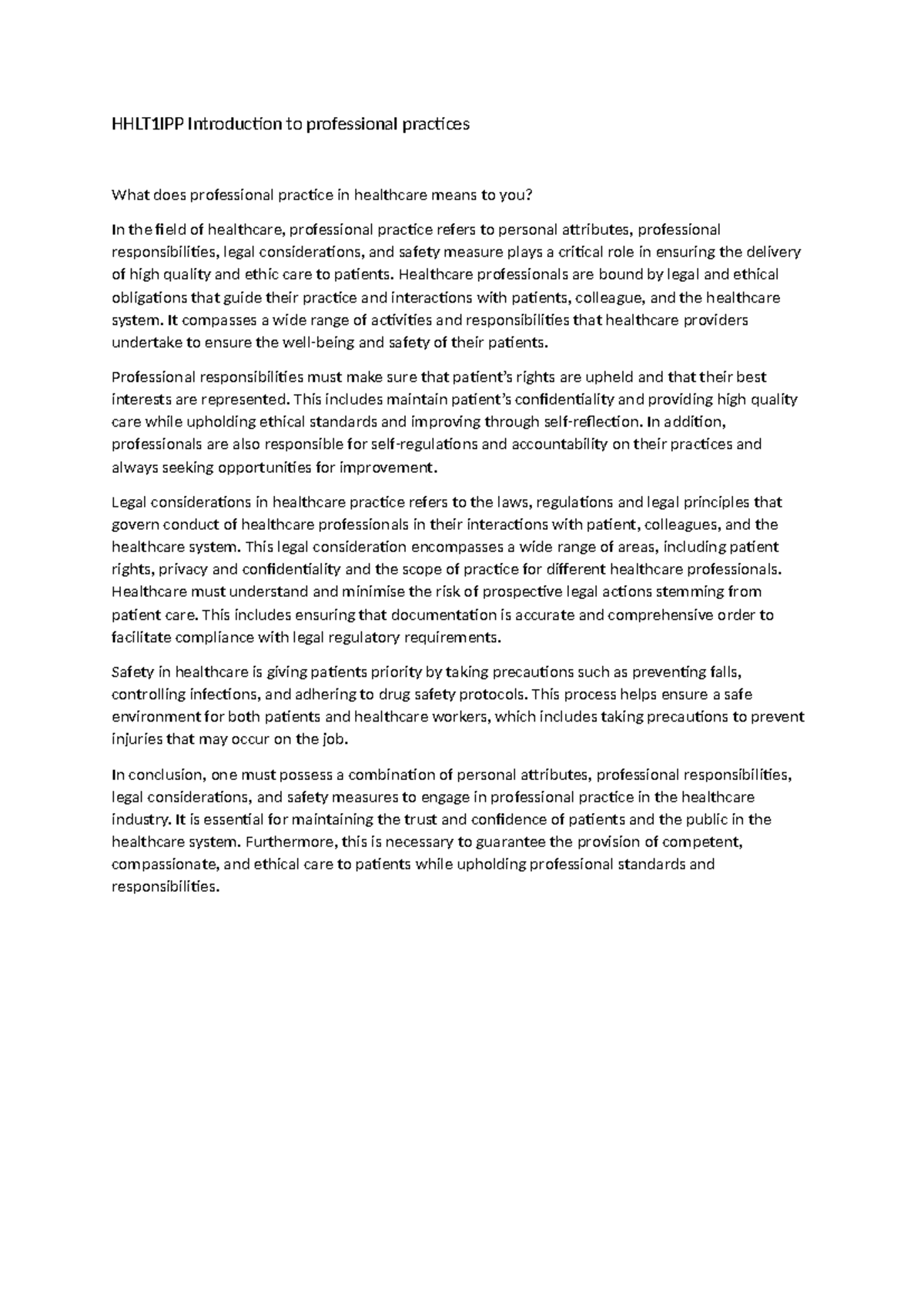 Assessment - HHLT1IPP Introduction to professional practices What does ...