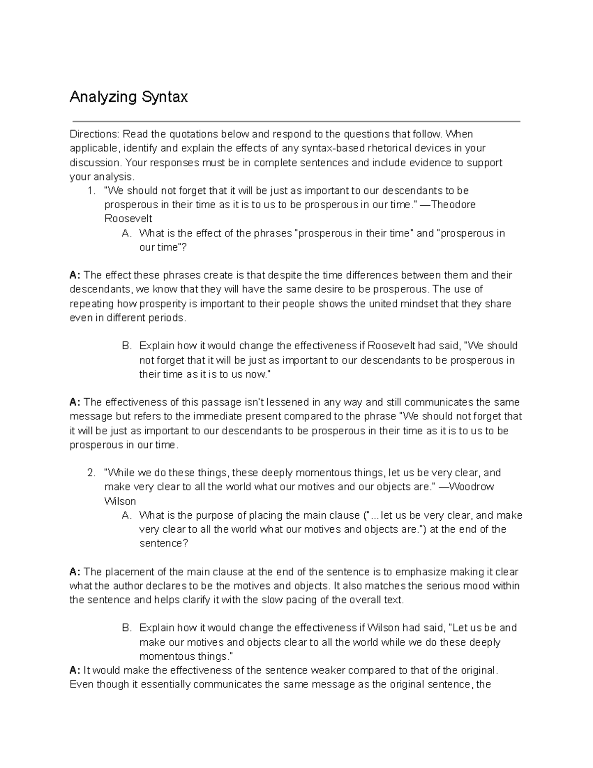 Analyzing Syntax - English assignment - Analyzing Syntax Directions ...