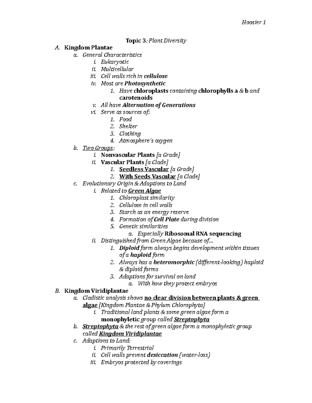 BIOL 1030 Plant Diversity I Notes - Topic 3 : Plant Diversity A ...