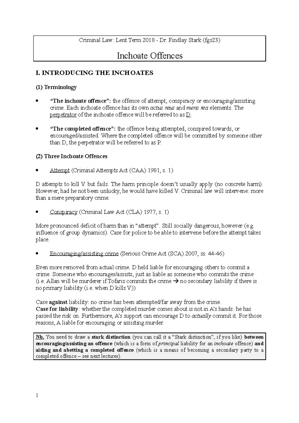9. Inchoates REAL - Criminal Law: Lent Term 2018 - Dr. Findlay Stark ...