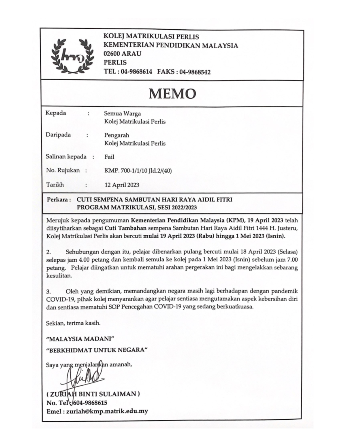 MEMO CUTI KHAS Aidil Fitri 1444H - Account sem2 - Studocu