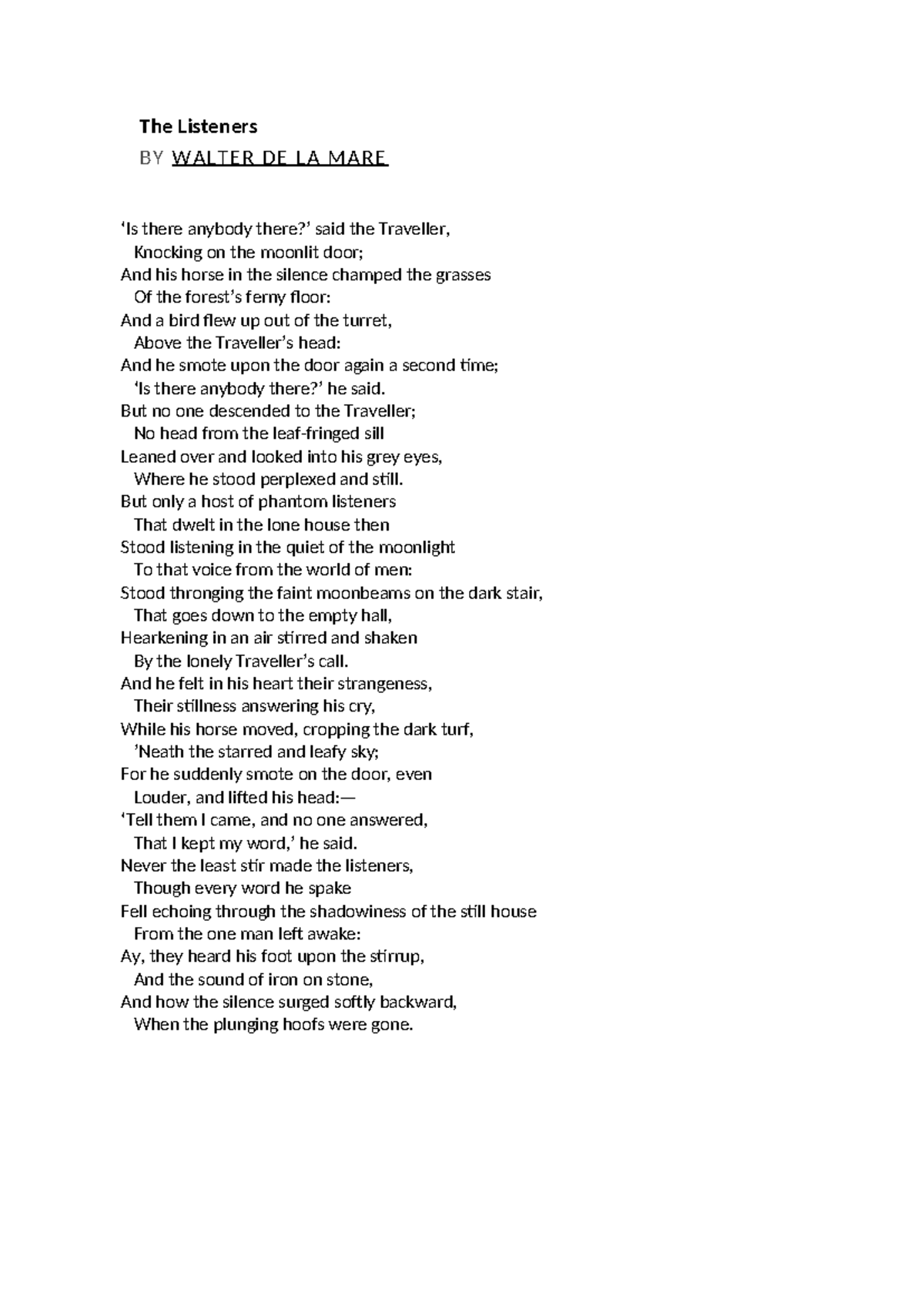The Listeners (poem) - poetry - The Listeners BY WALTER DE LA MARE ‘Is ...