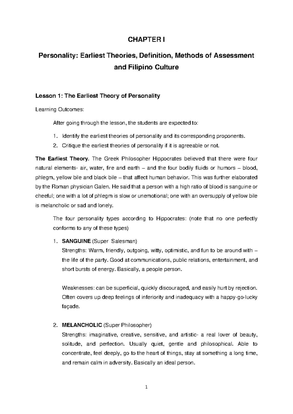 Personality- Development PDF - CHAPTER I Personality: Earliest Theories, Definition, Methods of ...