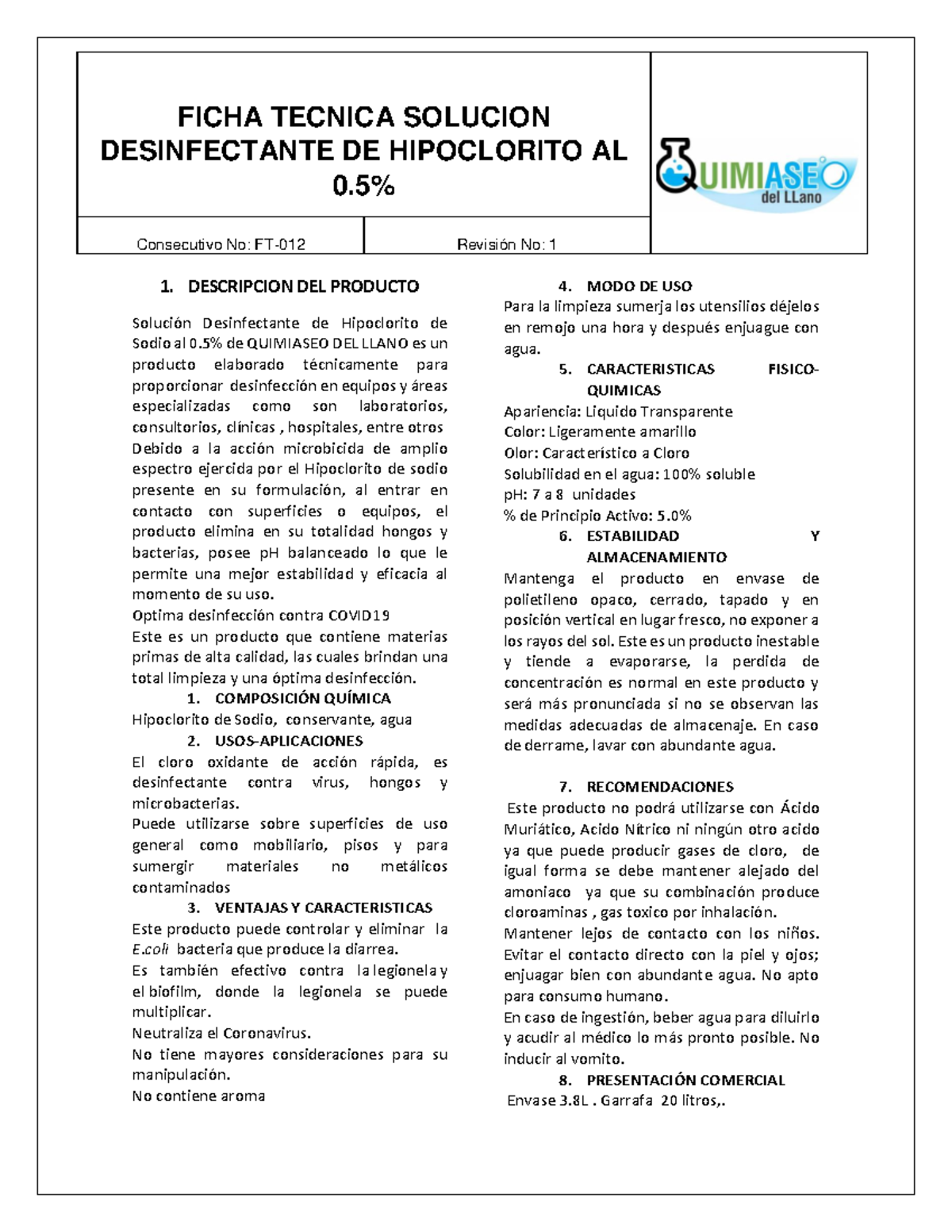FT 012 Solucion Desinfectante AL 0.5% - FICHA TECNICA SOLUCION DESINFECTANTE DE HIPOCLORITO AL 0 ...