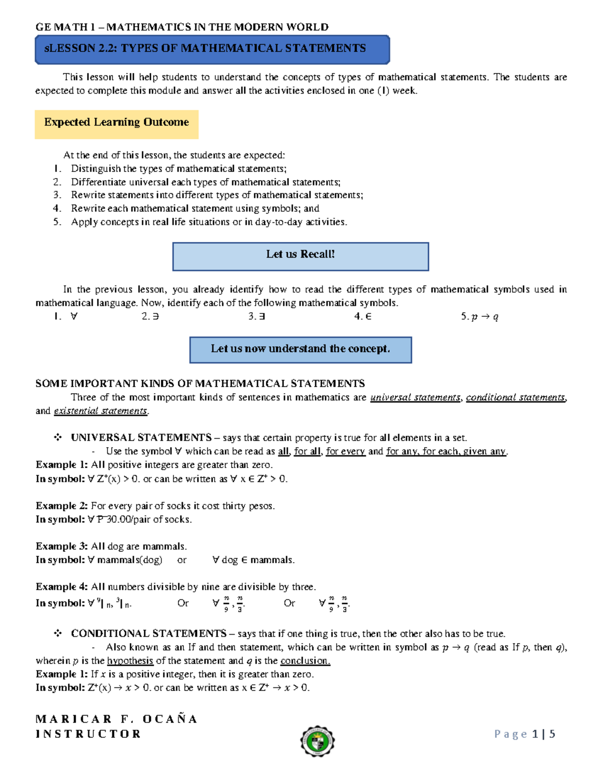 Module 2 Lesson 2 - M A R I C A R F. O C A Ñ A sLESSON 2. 2 : TYPES OF ...