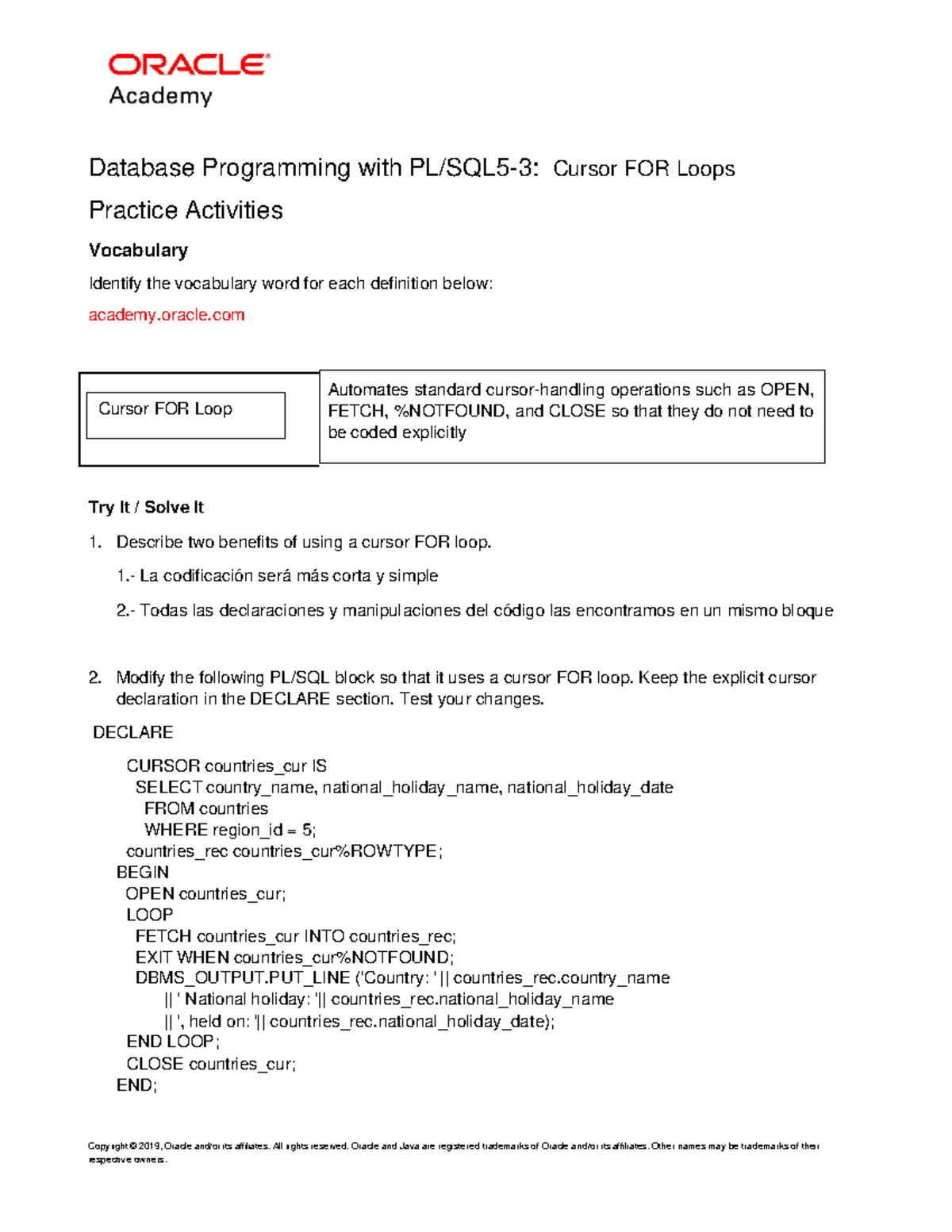 Plsql 5 3 Practice - Copyright © 2019, Oracle and/or its affiliates ...