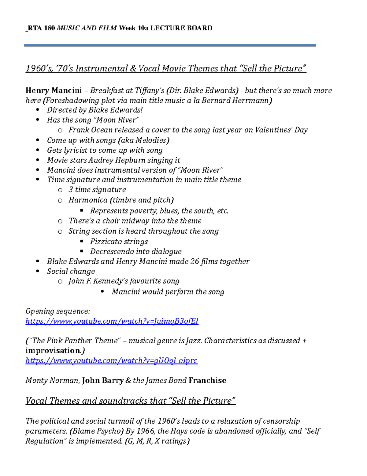Lecture Board Week 10 Fall 2019 - RTA 180 MUSIC AND FILM Week 10a ...