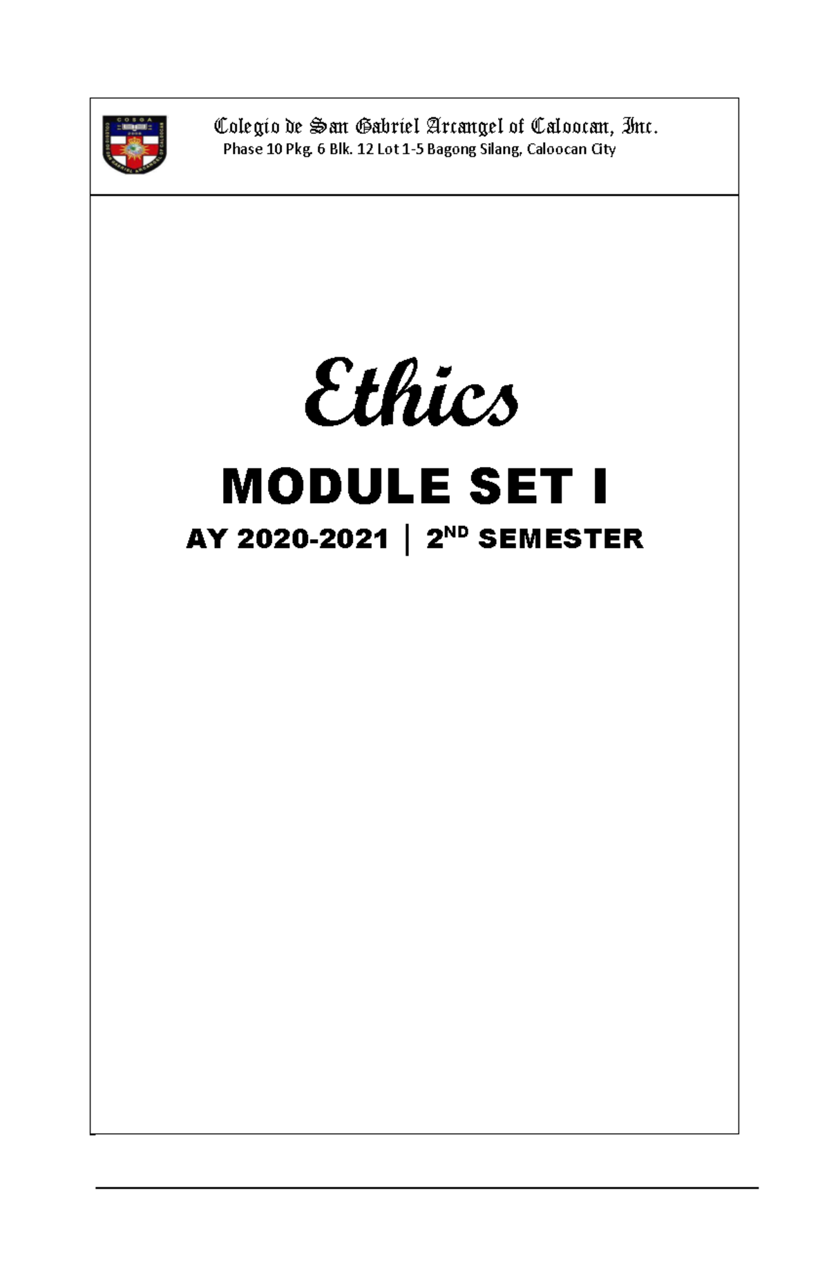 Ethics Module Part 1 - Colegio de San Gabriel Arcangel of Caloocan, Inc ...