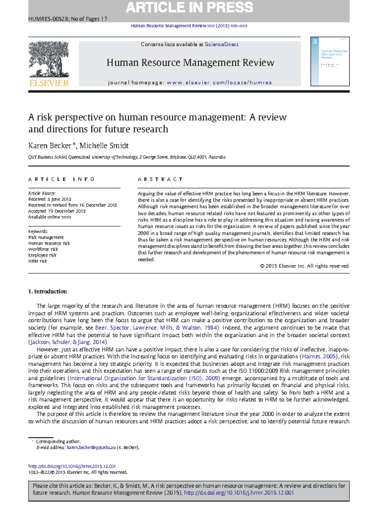 A risk perspective on human resource management A review and directions ...