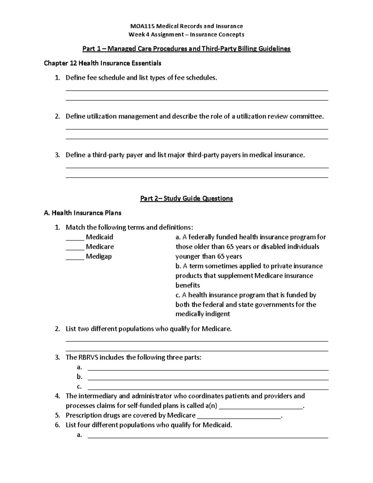 Week 4 Assignment Worksheet - MOA115 Medical Records and Insurance Week ...