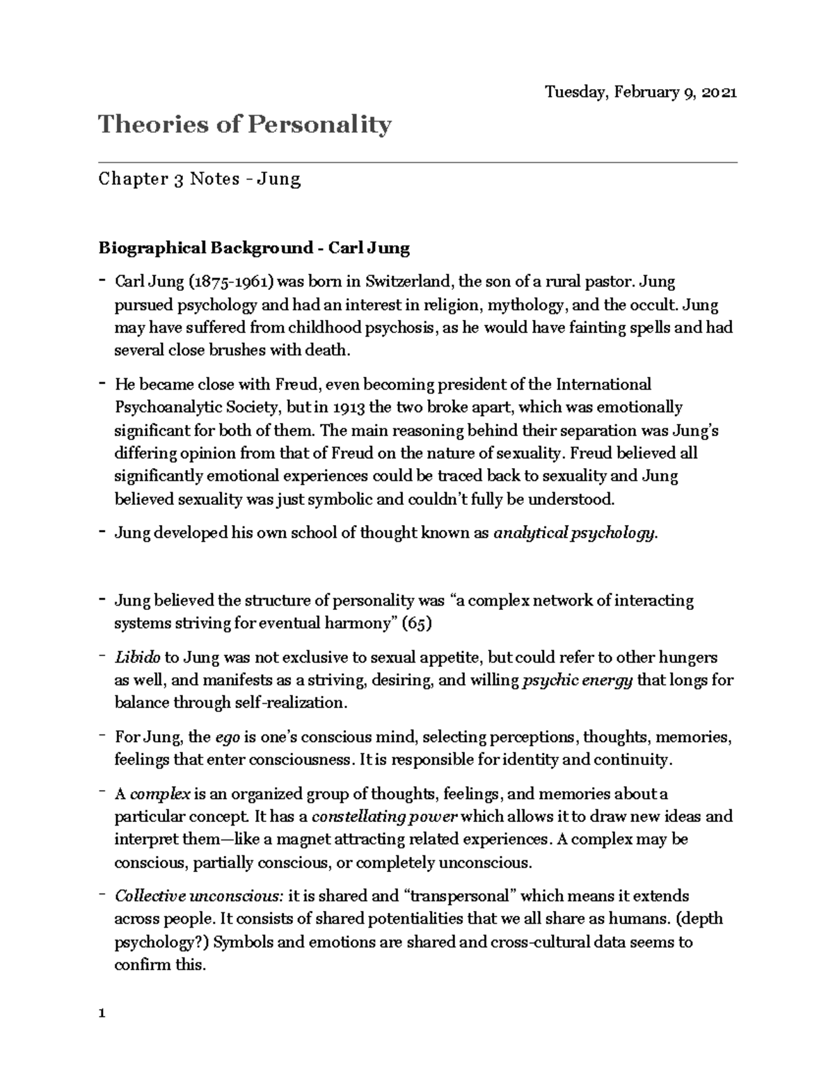 Personality Chapter 3 Notes - Jung pursued psychology and had an ...