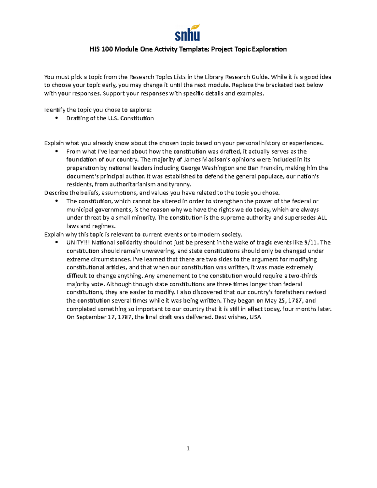 HIS 100 Module One Activity Template - While it is a good idea to ...