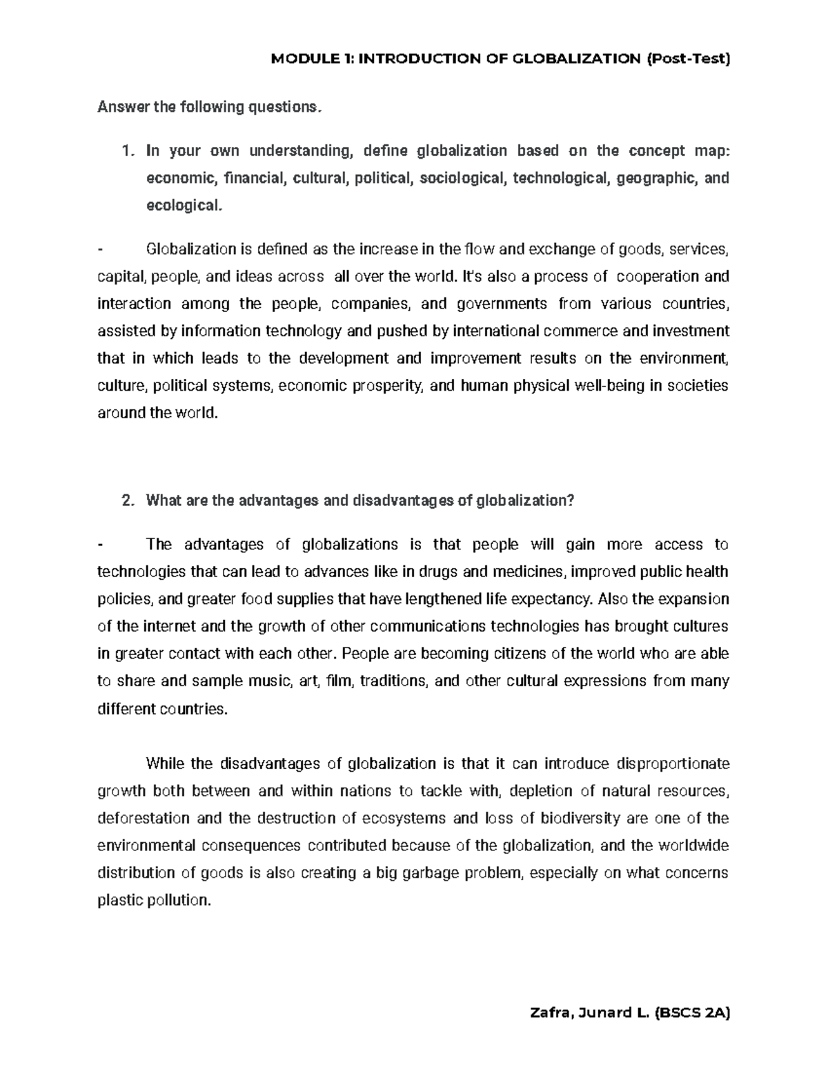 Post-Test - Answer the following questions. 1. In your own ...