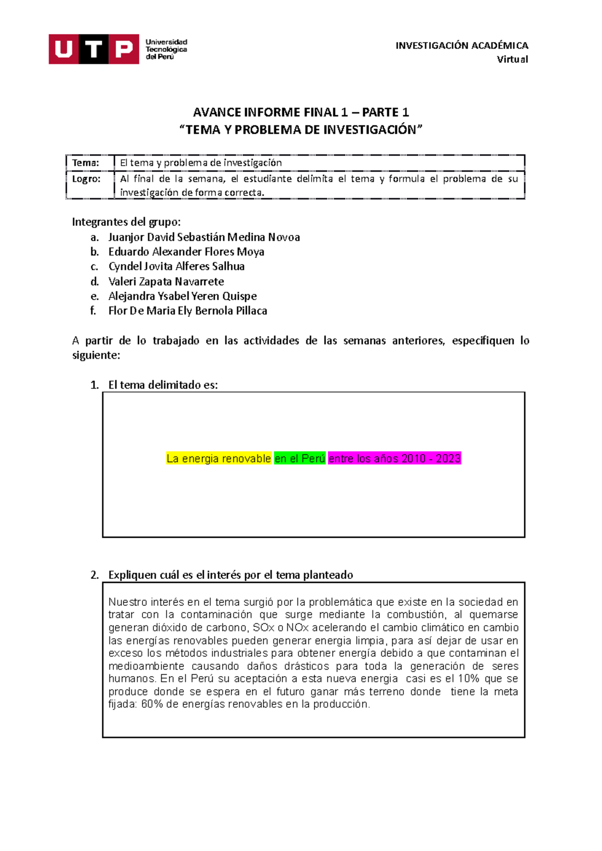 Semana 03-Formato Avance de Informe Final 1 - Parte 1 Tema y problema de investigación - AVANCE ...