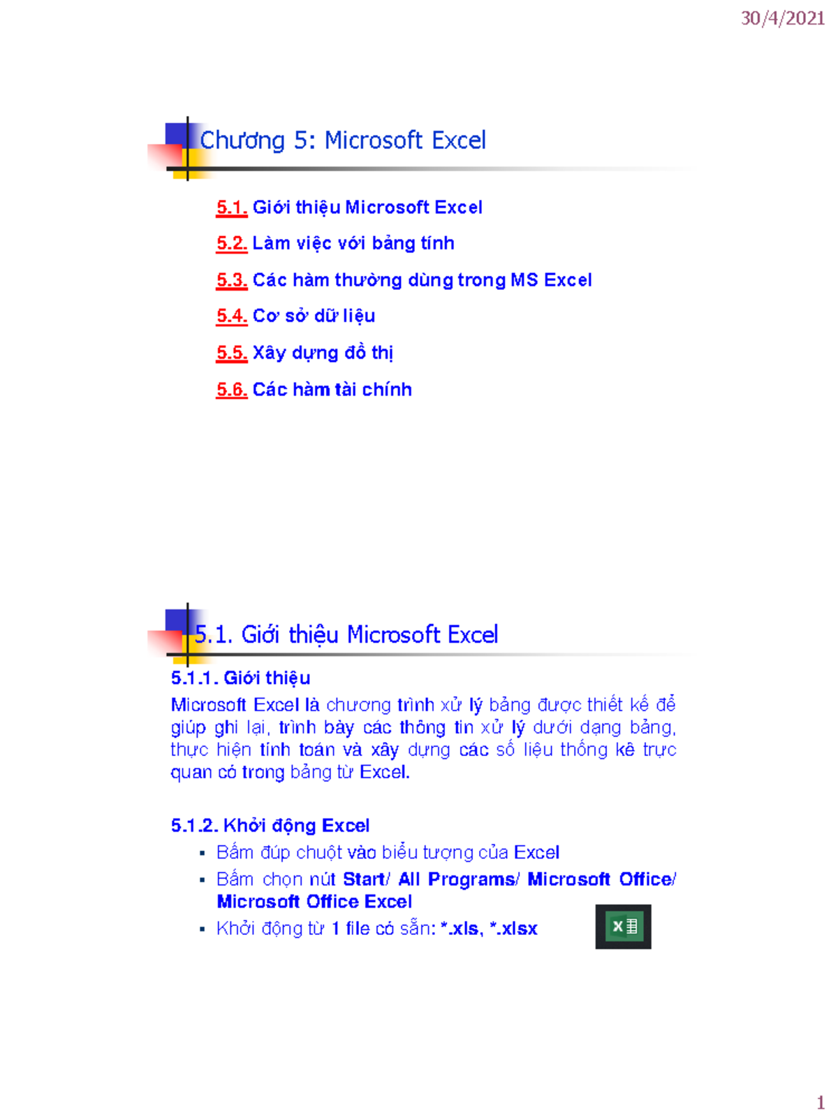 Tin hoc C5C6 - Giáo trình THDC - Chương 5 : Microsoft Excel 5. Giới thiệu Microsoft Excel 5. Làm ...