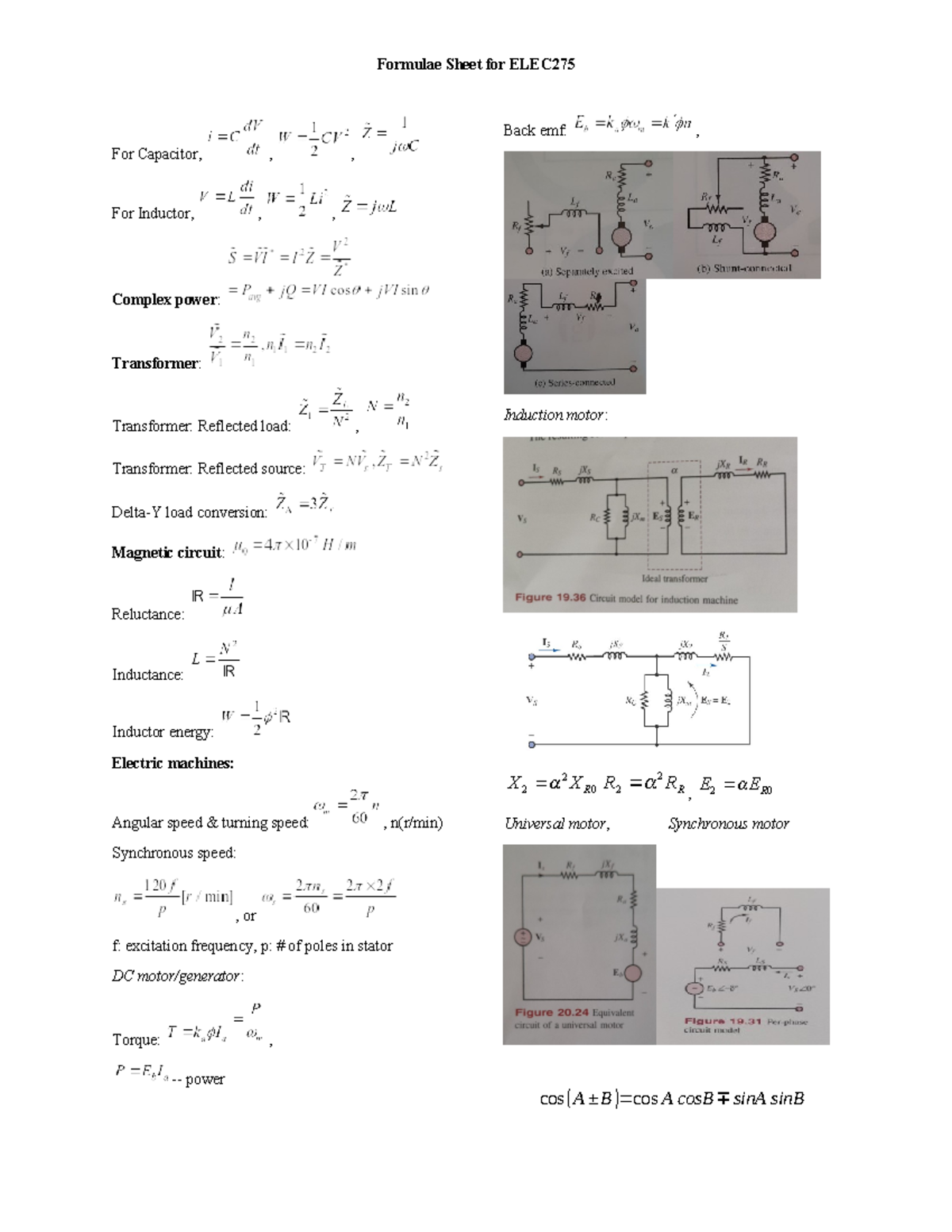 Formulae Sheet for ELEC275 - Formulae Sheet for ELEC For Capacitor ...