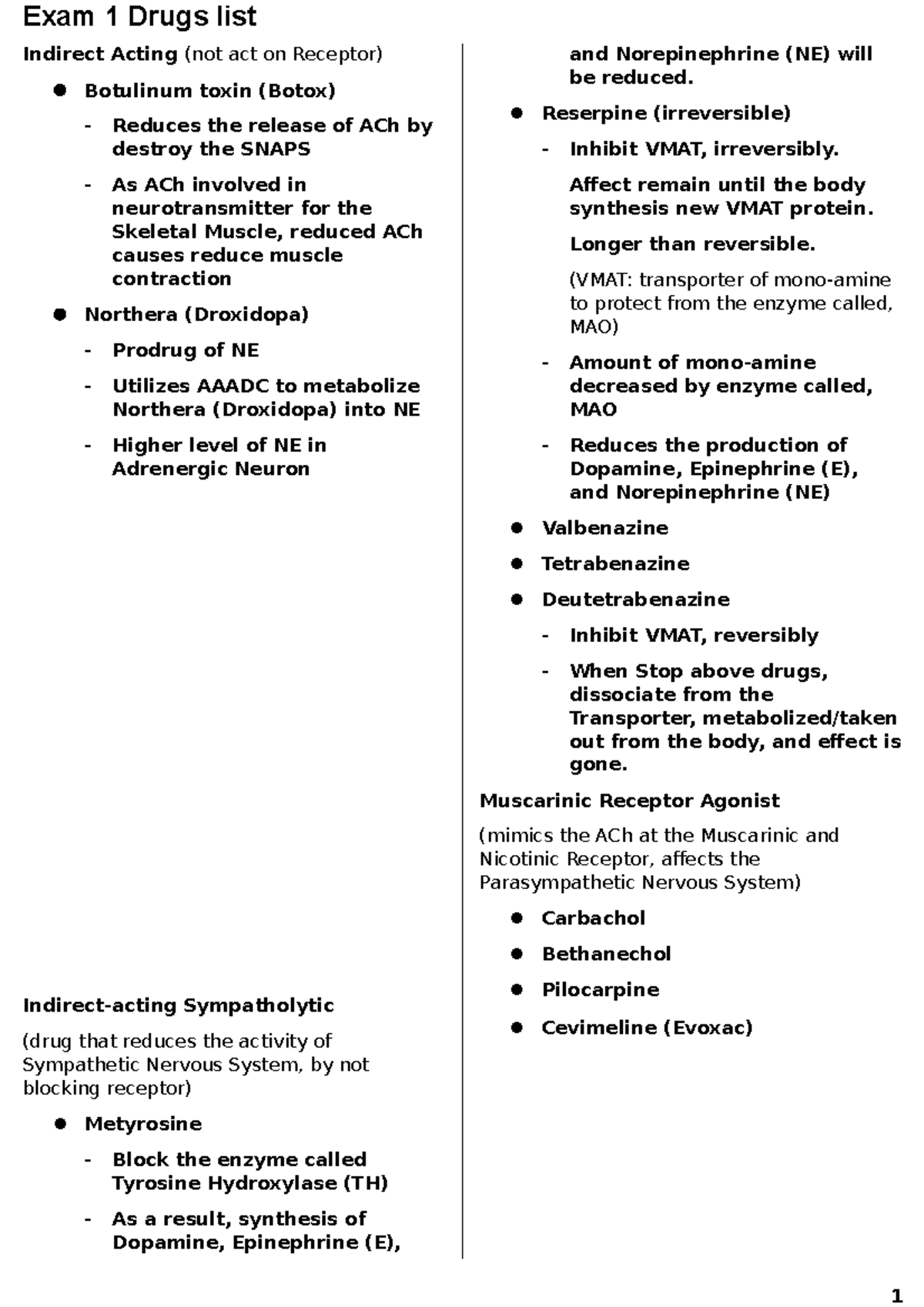 Exam 1 Drugs List - Exam 1 Drugs list Indirect Acting (not act on ...