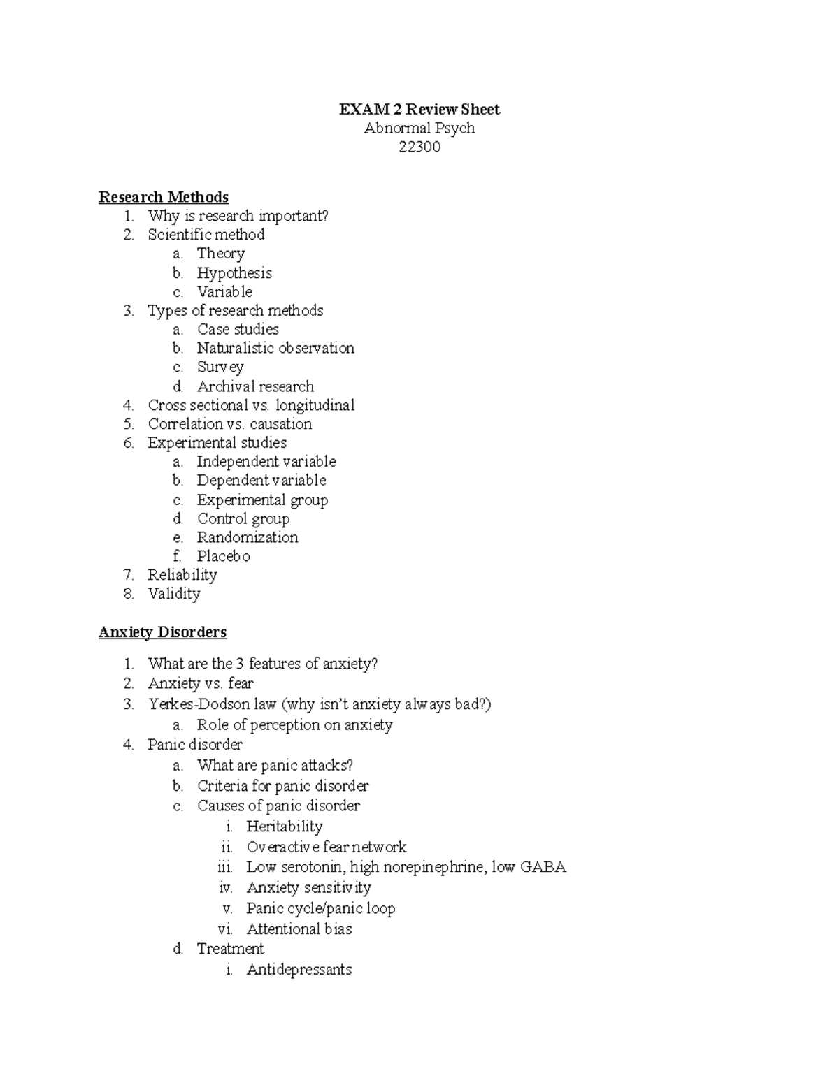 Psych 223 Exam2 Review Sheet - EXAM 2 Review Sheet Abnormal Psych 22300 ...