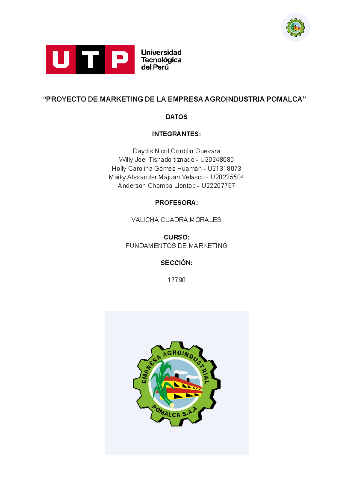 Proyecto de Pomalca - Xdxdxd - “PROYECTO DE MARKETING DE LA EMPRESA ...