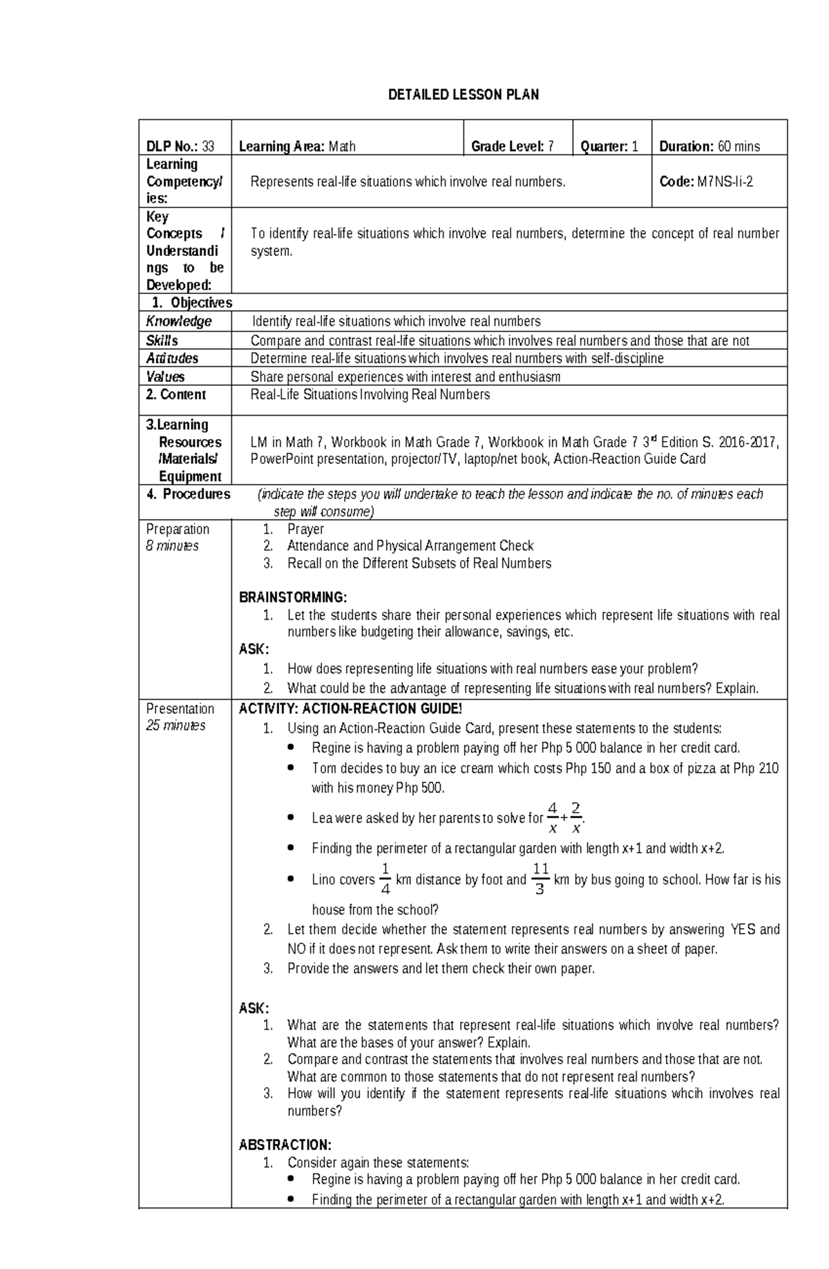 Dlp33 math7 in Math - DETAILED LESSON PLAN DLP No.: 33 Learning Area ...