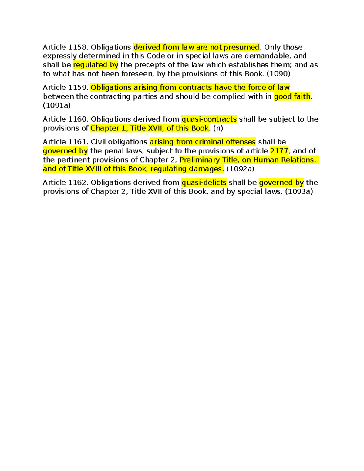 Article 1158 - ASA - Article 1158. Obligations derived from law are not ...