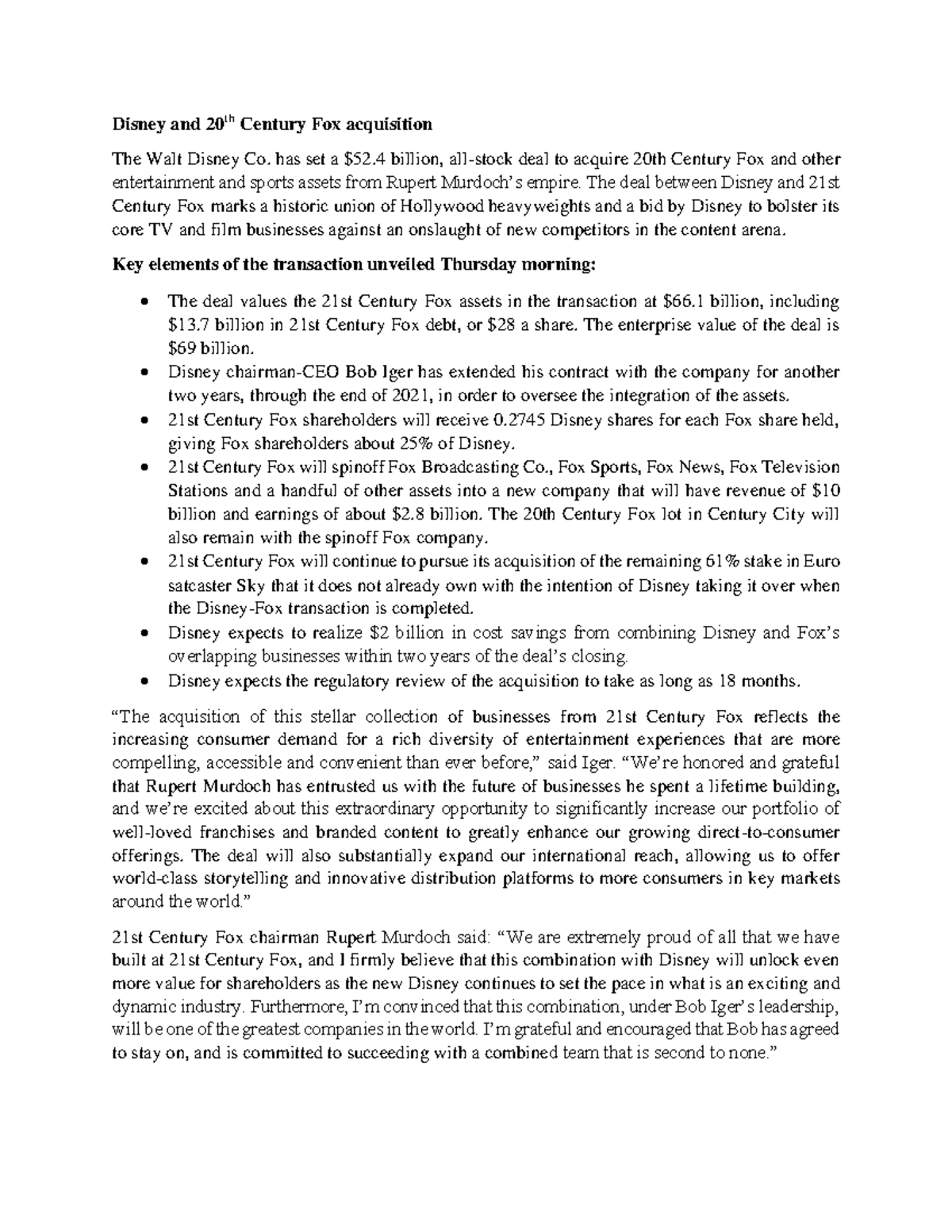 Case 3.1 Disney and 20th Century Fox acquisition - Disney and 20th ...