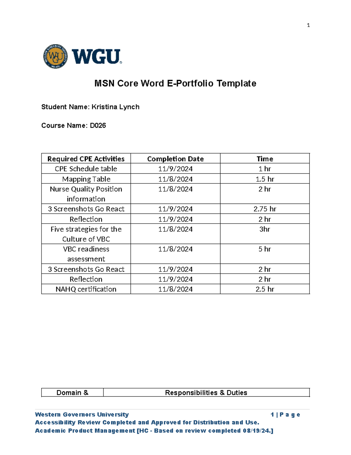 D026 Eportfolio - assignment - MSN Core Word E-Portfolio Template Student Name: Kristina Lynch ...
