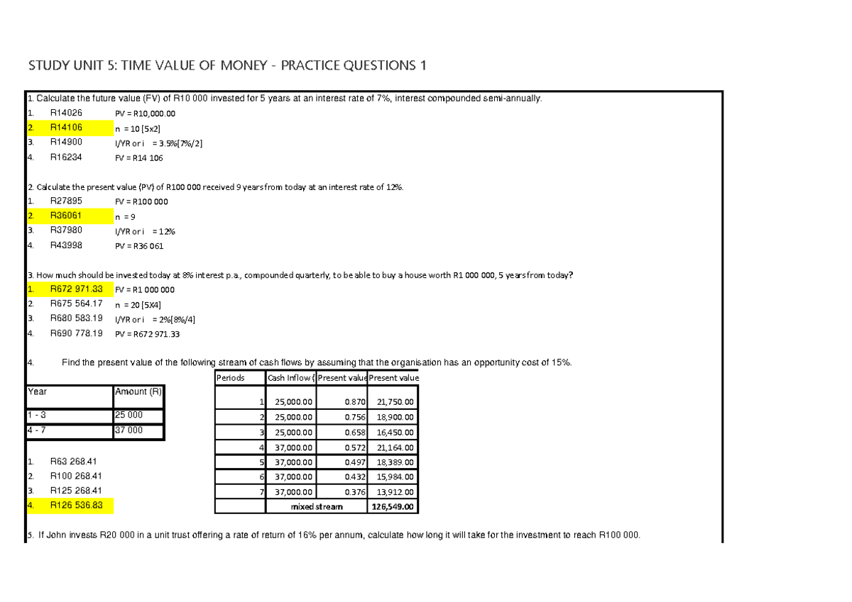 Study UNIT 5 - TIME Value OF Money - Practice Questions 1 Solutions ...