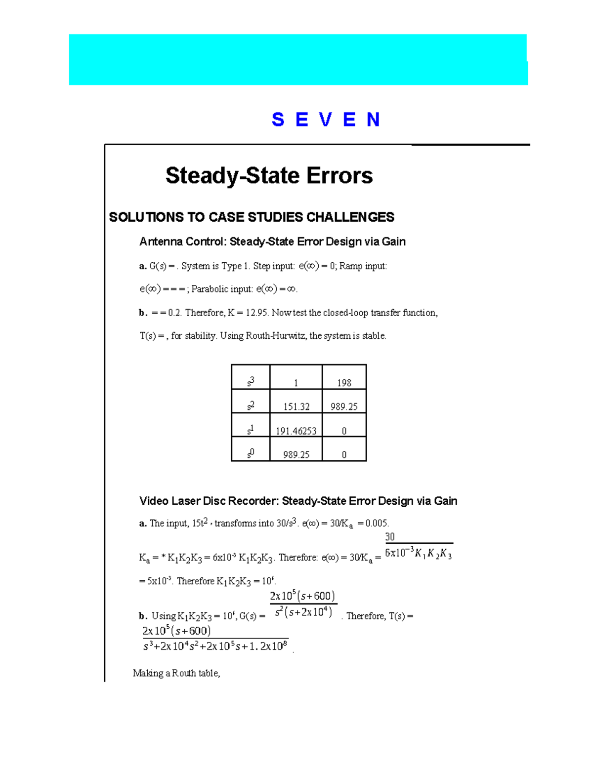 Ch07 - control system - S E V E N Steady-State Errors SOLUTIONS TO CASE ...