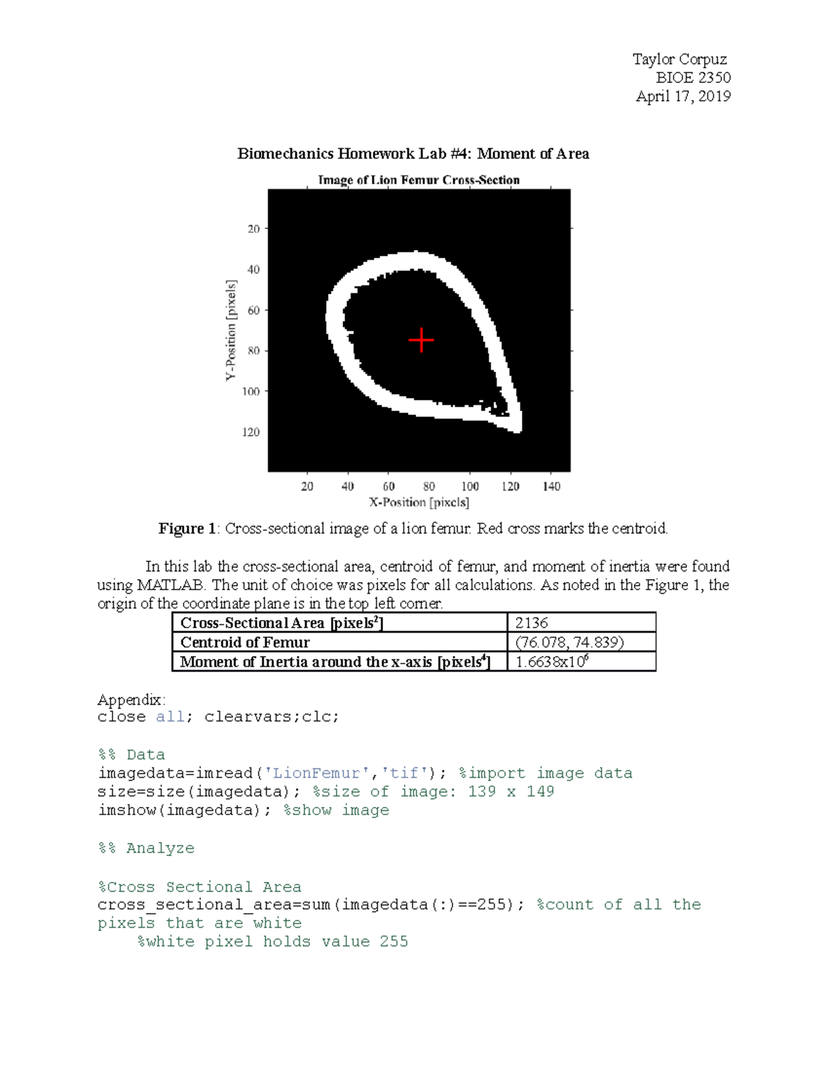 Homework Lab #4 - Taylor Corpuz BIOE 2350 April 17, 2019 Biomechanics ...