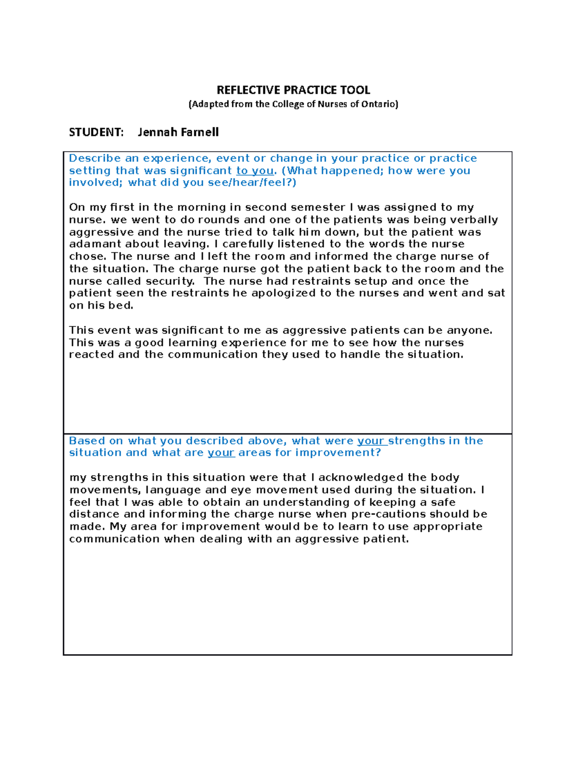 Reflective Practice #1 - REFLECTIVE PRACTICE TOOL (Adapted from the ...