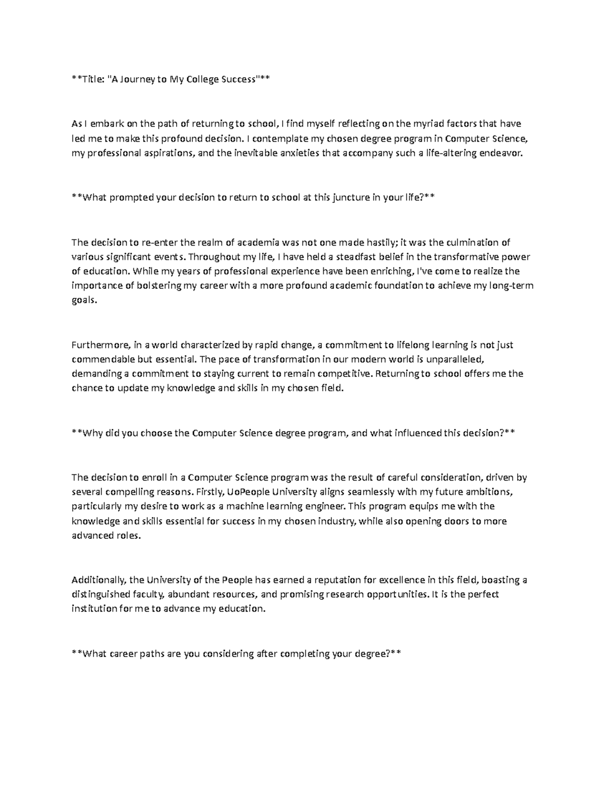 Part three my college success - Title: "A Journey to My College Success ...