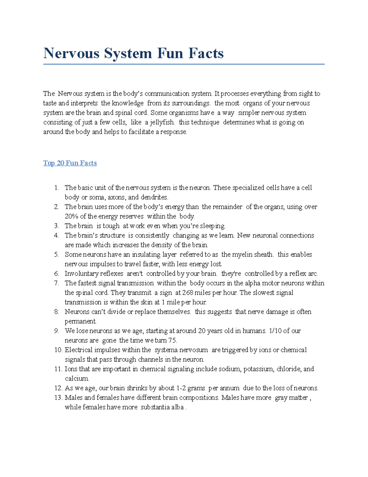 Nervous System 20 Fun Facts - Nervous System Fun Facts The Nervous ...