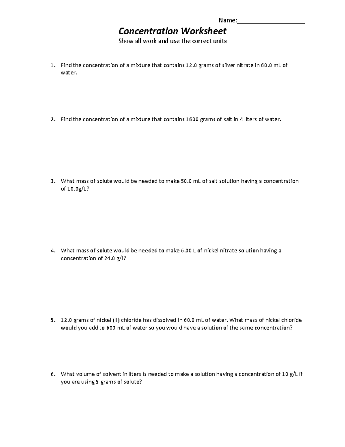 Concentration worksheet 2 - Name:____________________ Concentration ...