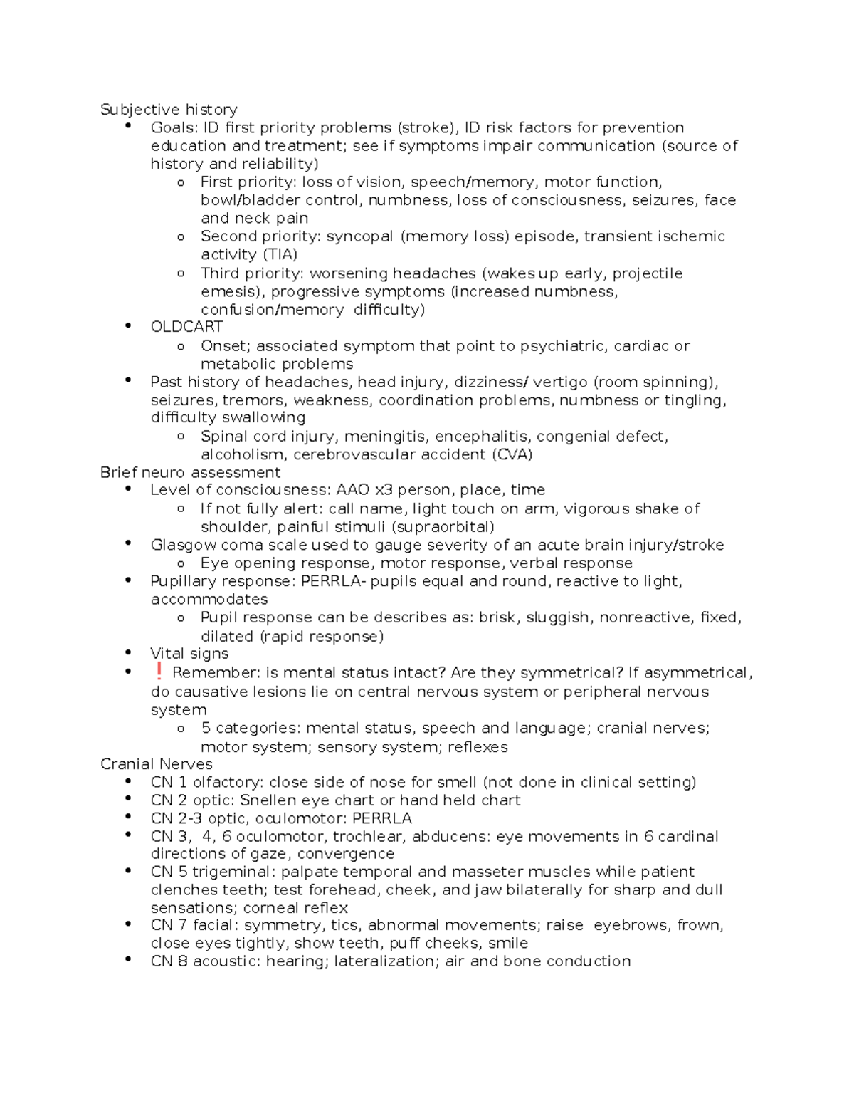 Neurosensory Assessment - Subjective history Goals: ID first priority ...