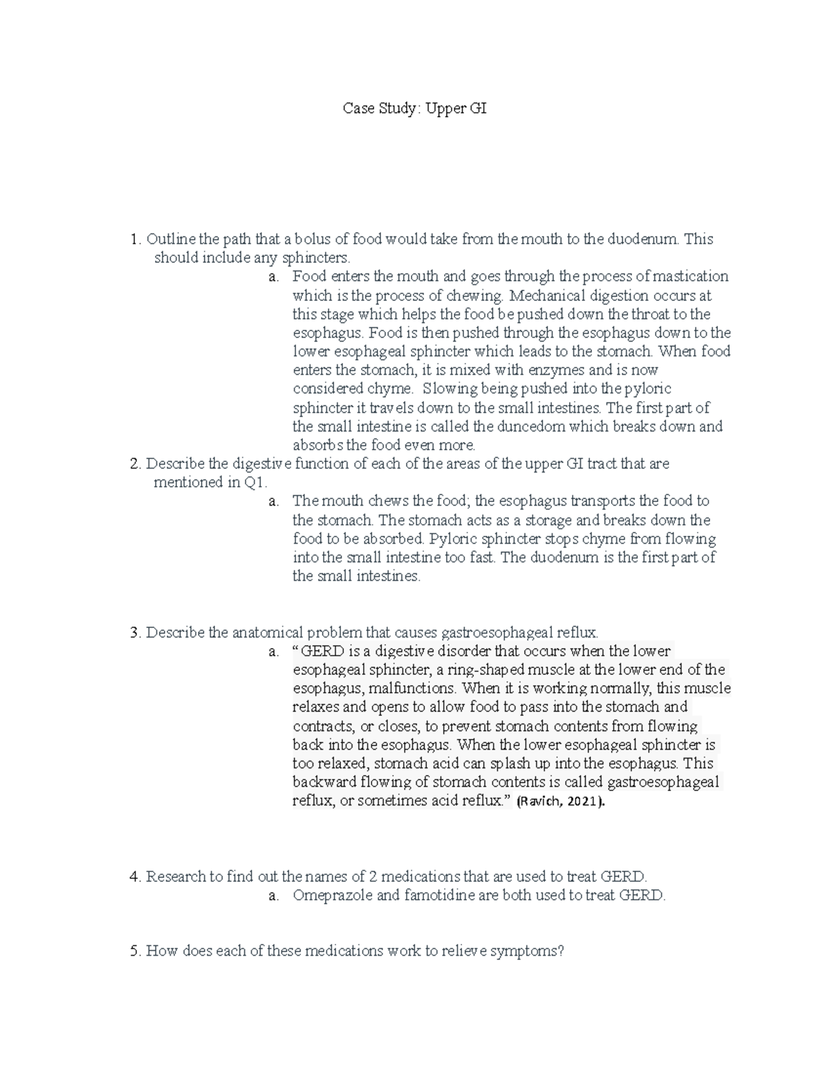 Case Study Upper GI - Outline the path that a bolus of food would take ...