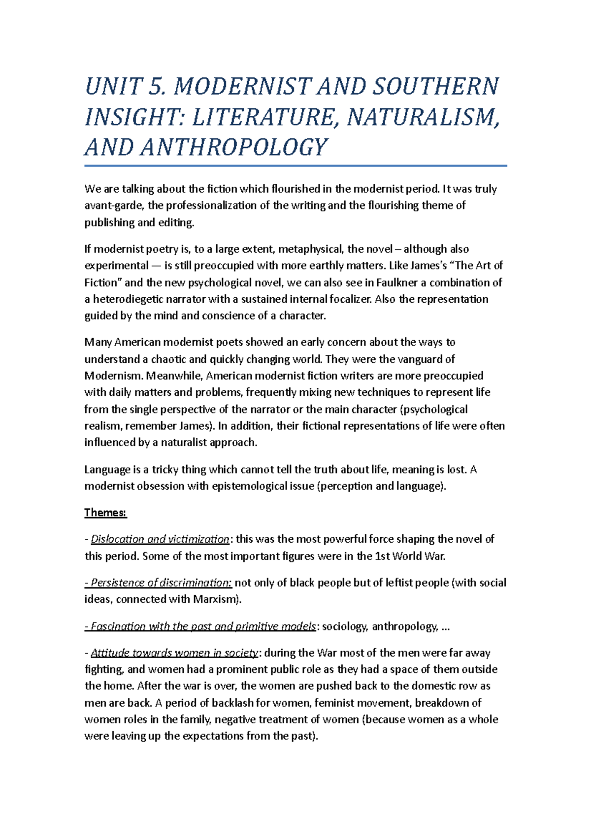 UNIT 5 - Apuntes unidad 5 - UNIT 5. MODERNIST AND SOUTHERN INSIGHT ...