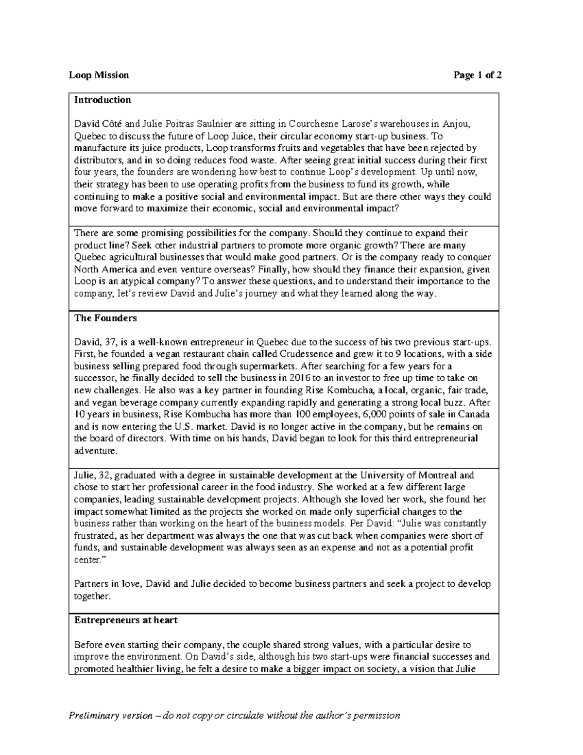 Entrepreneurship - Session 2 Loop case study - Loop Mission Page 1 of 2 ...