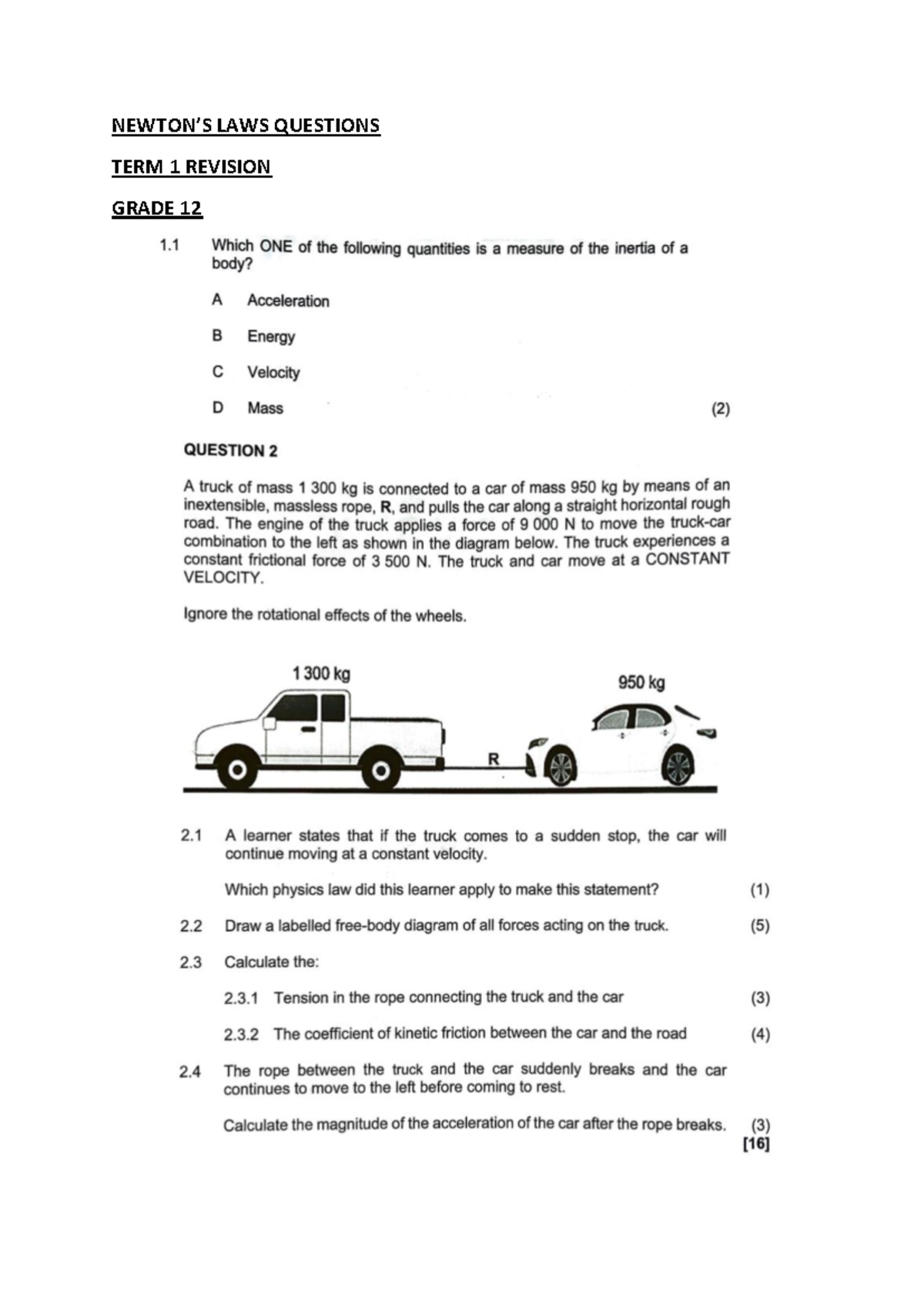 Newtons - Use when practice - NEWTON’S LAWS QUESTIONS TERM 1 REVISION ...