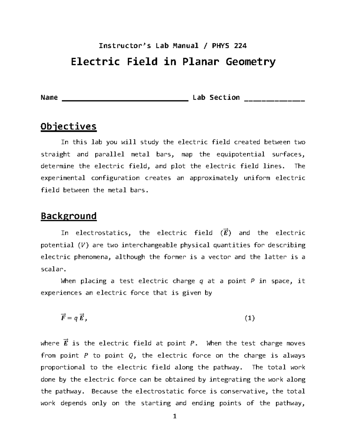 Lab 01 Electric Field in Planar Geometry - Instructor’s Lab Manual ...