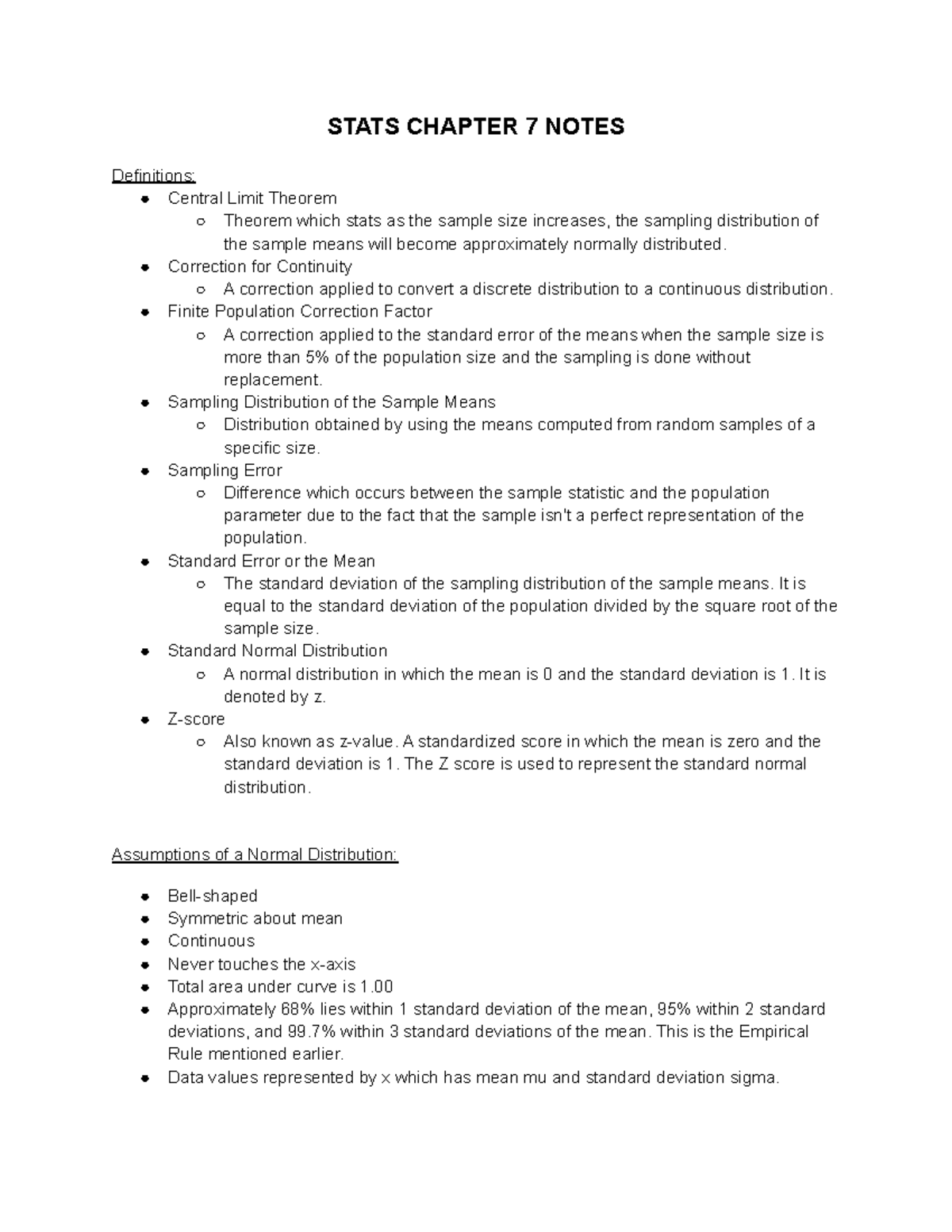 Stats chapter 7 notes - STATS CHAPTER 7 NOTES Definitions: Central ...