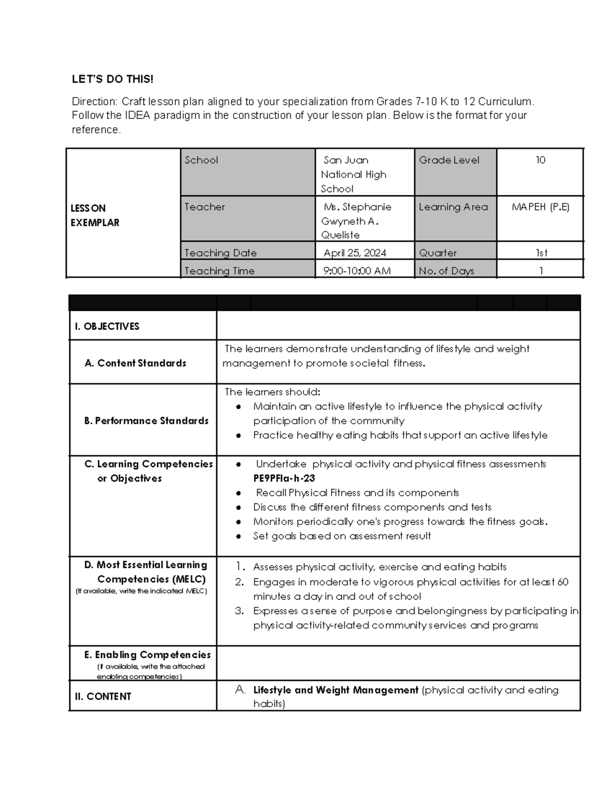 IDEA Lesson Exemplar - LET’S DO THIS! Direction: Craft lesson plan ...
