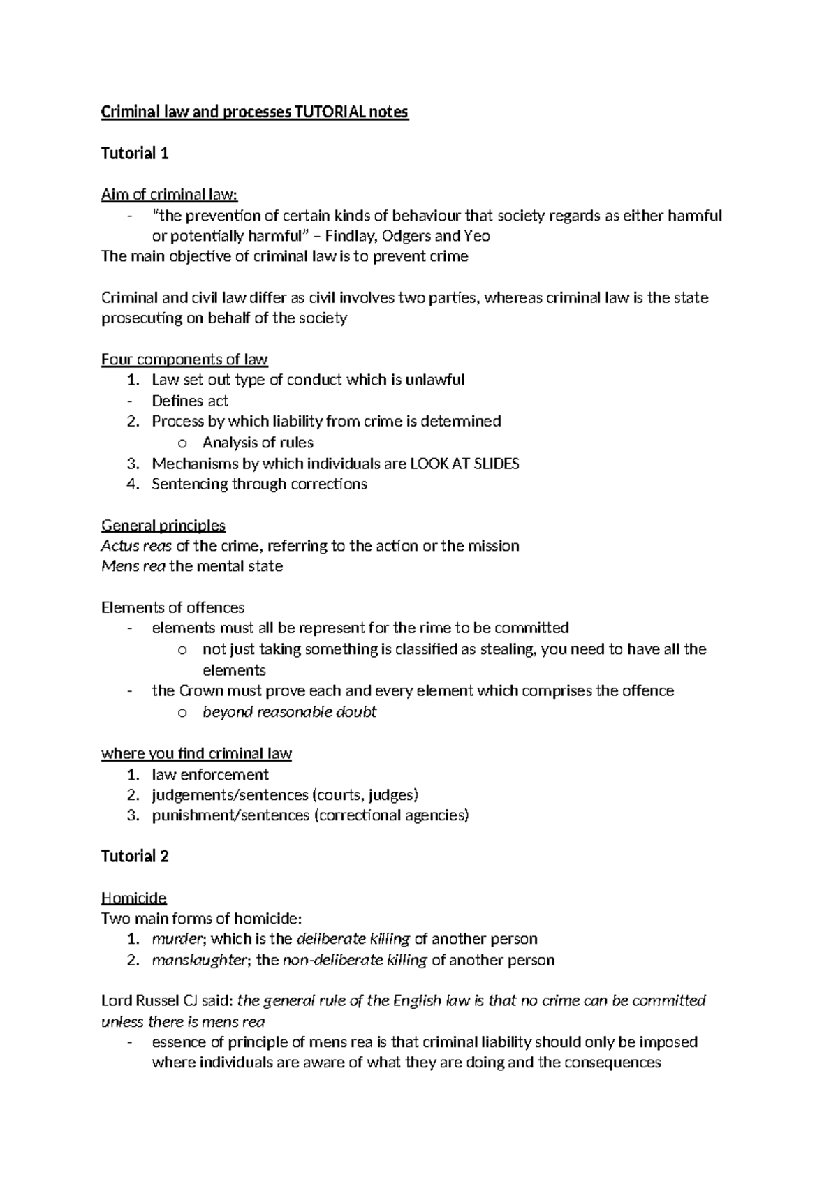 TUTE Criminal law and processes notes - Criminal law and processes ...