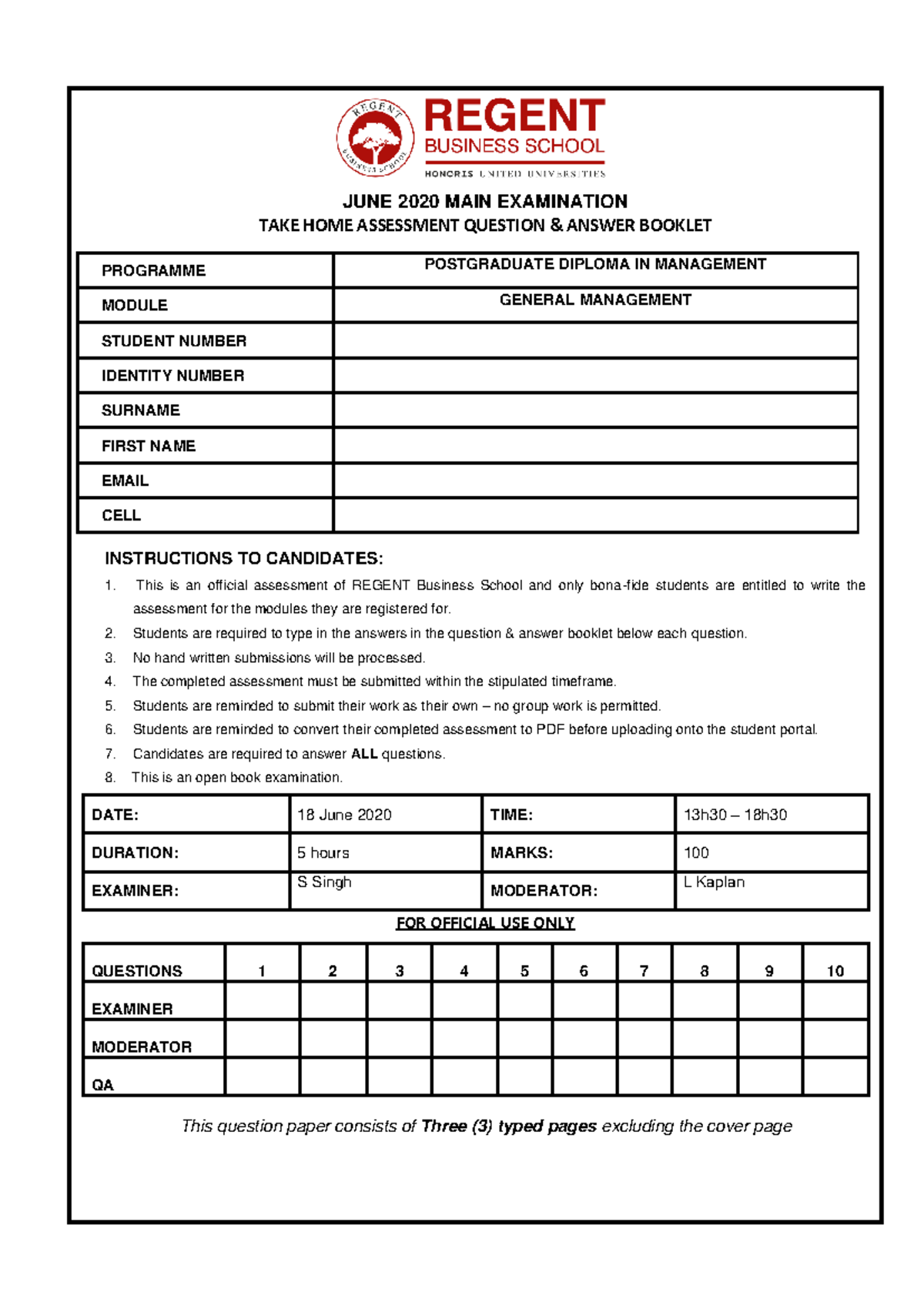 PG DIP MANG - General Mang June 2020 Take Home Assessment - JUNE 2020 ...