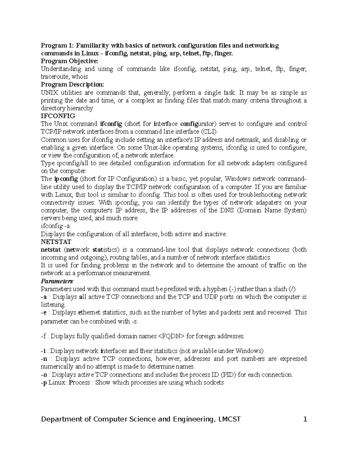 Computer Networks Lab Program 1 Familiarity With Basics Of Network Configuration Files And