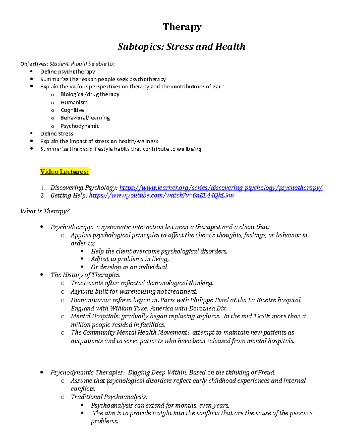 Methods of Therapy - Lecture notes 9 - Therapy Subtopics: Stress and ...
