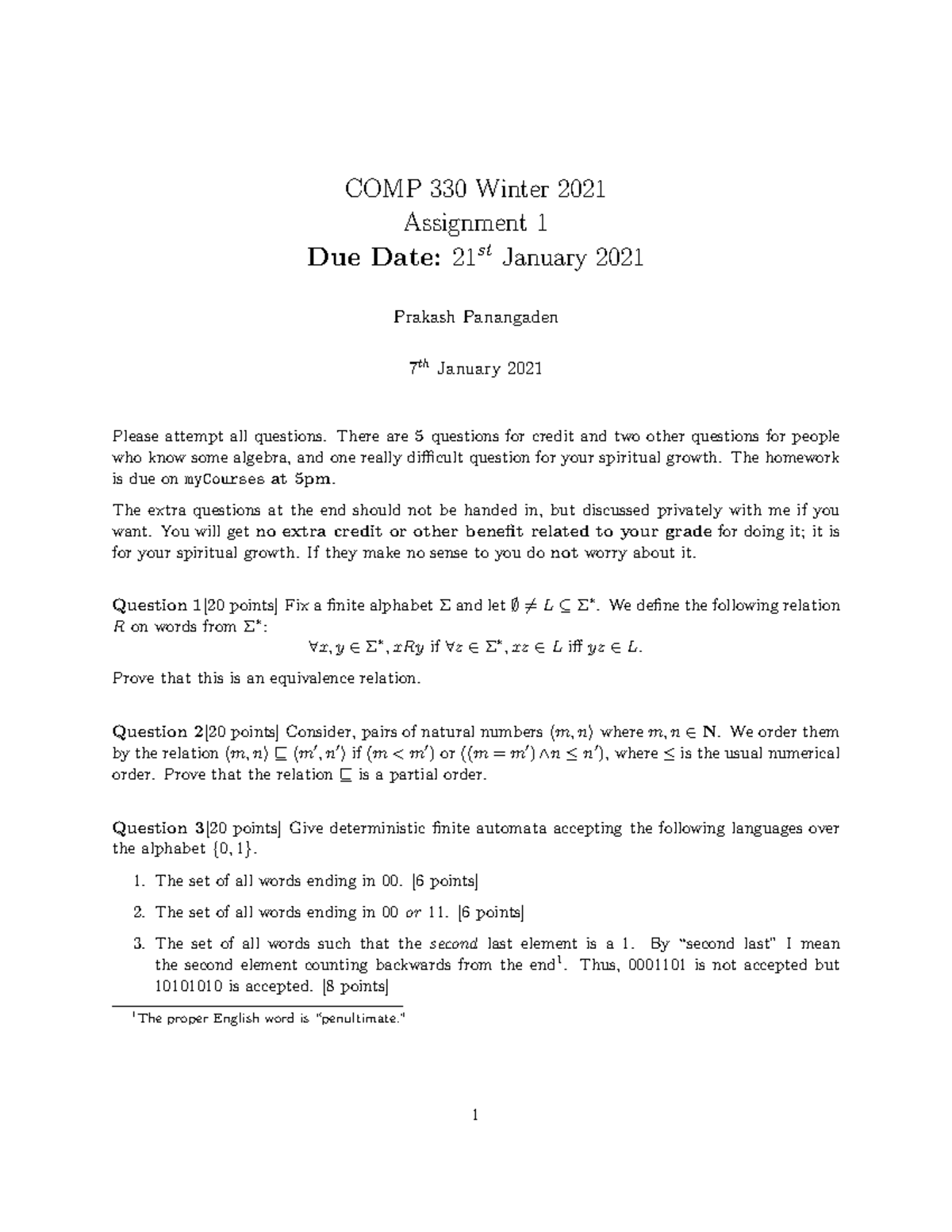 Winter 2021 Homework assignment 2 - COMP 330 Winter 2021 Assignment 1 ...