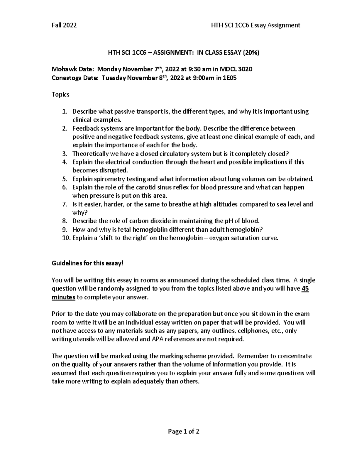2022 In Class Essay Assignment Updated - Fall 2022 HTH SCI 1CC6 Essay ...