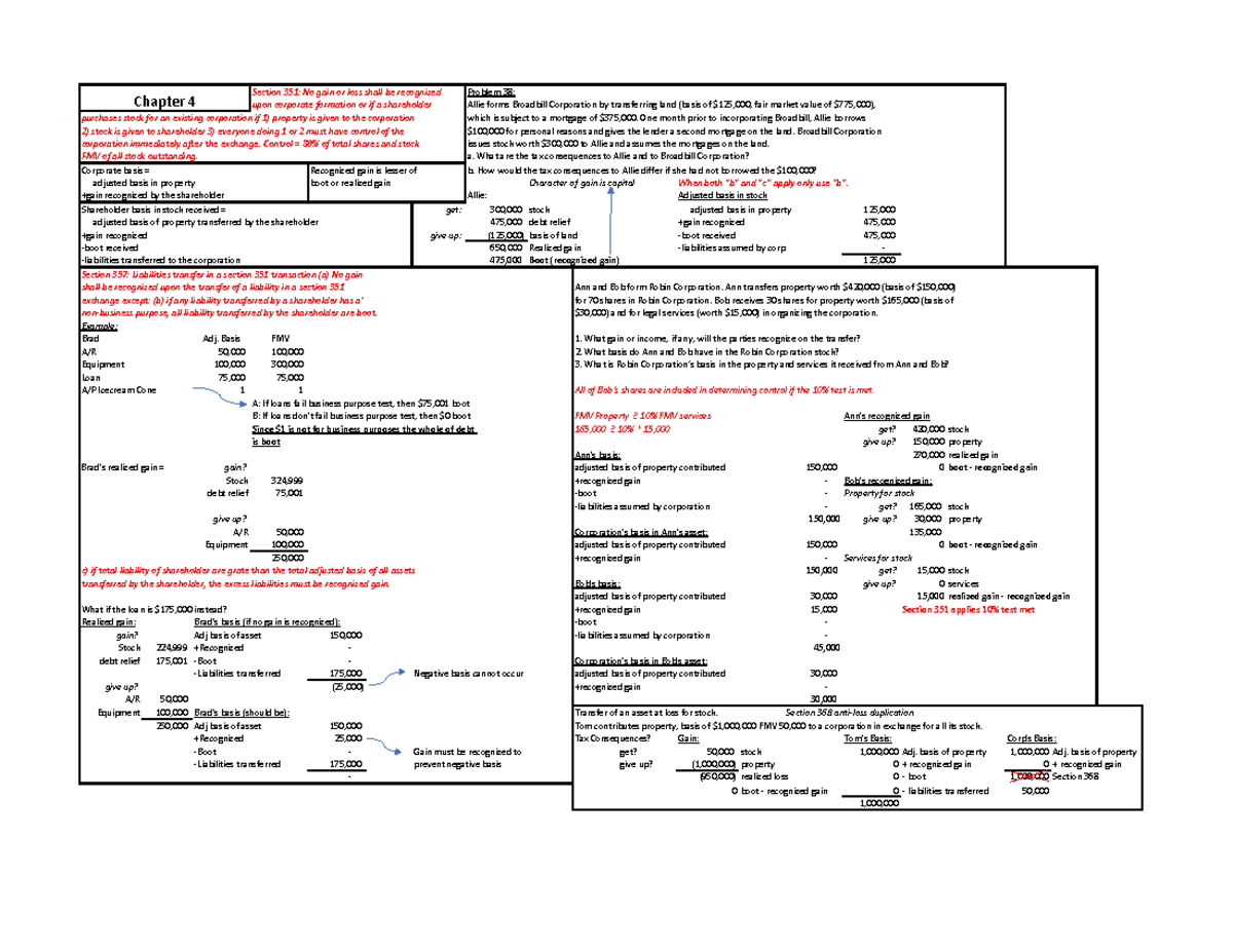 Chapter 4 Cheat Sheet - Section 351: No gain or loss shall be ...